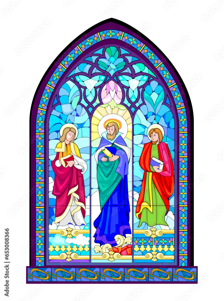 Beautiful colorful medieval stained glass window. Gothic architectural ...