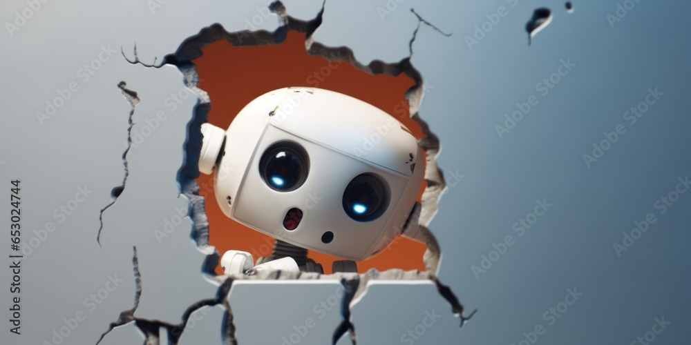 Cute robot toy peeking out of a hole in wall, torn hole, empty copy ...