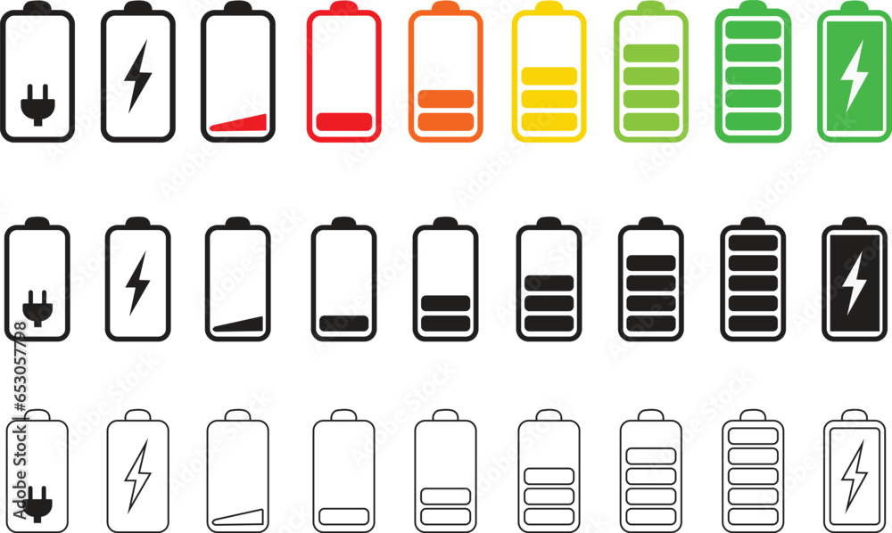 set of vertical flat battery level indicator in percentage. linear ...