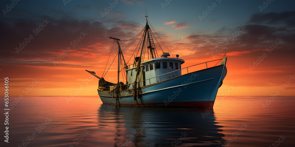 trawler fishing boat on calm ocean at sunset Stock Photo | Adobe Stock