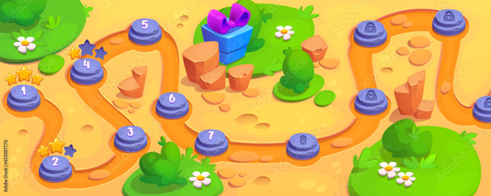 Game road map with level indicators. Sand desert with green grass and ...