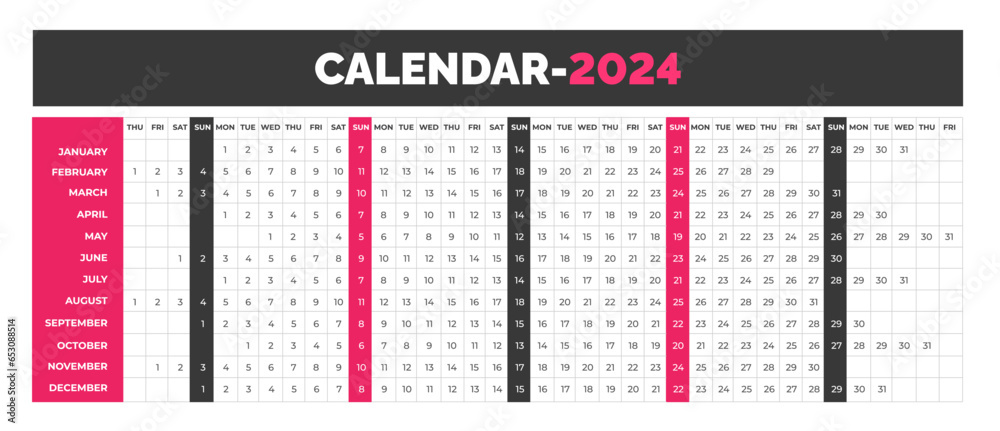 2024 linear calendar. Linear horizontal planner desktop calendar for ...