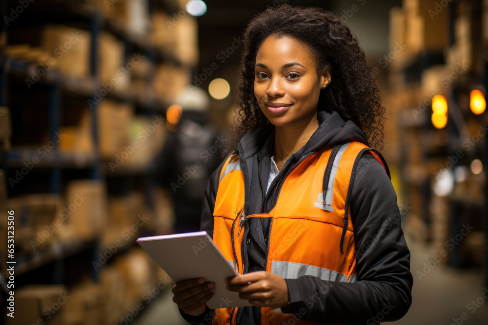 Female warehouse employee looking at an inventory list on a digital ...