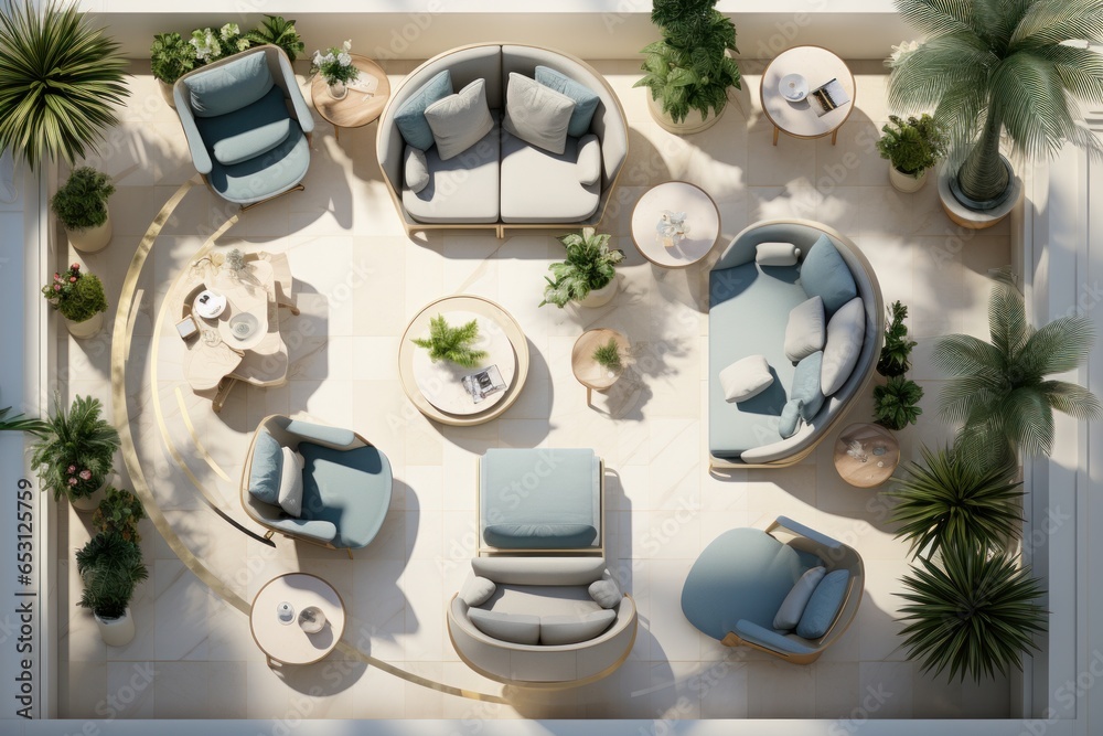 Top view layout of luxurious interior design, living room with modern ...