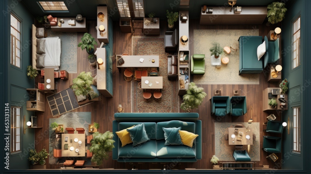 Top view layout plan of modern home. Architectural floor plans of fully ...