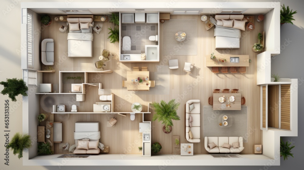 Top view layout plan of modern home. Architectural floor plans of fully ...