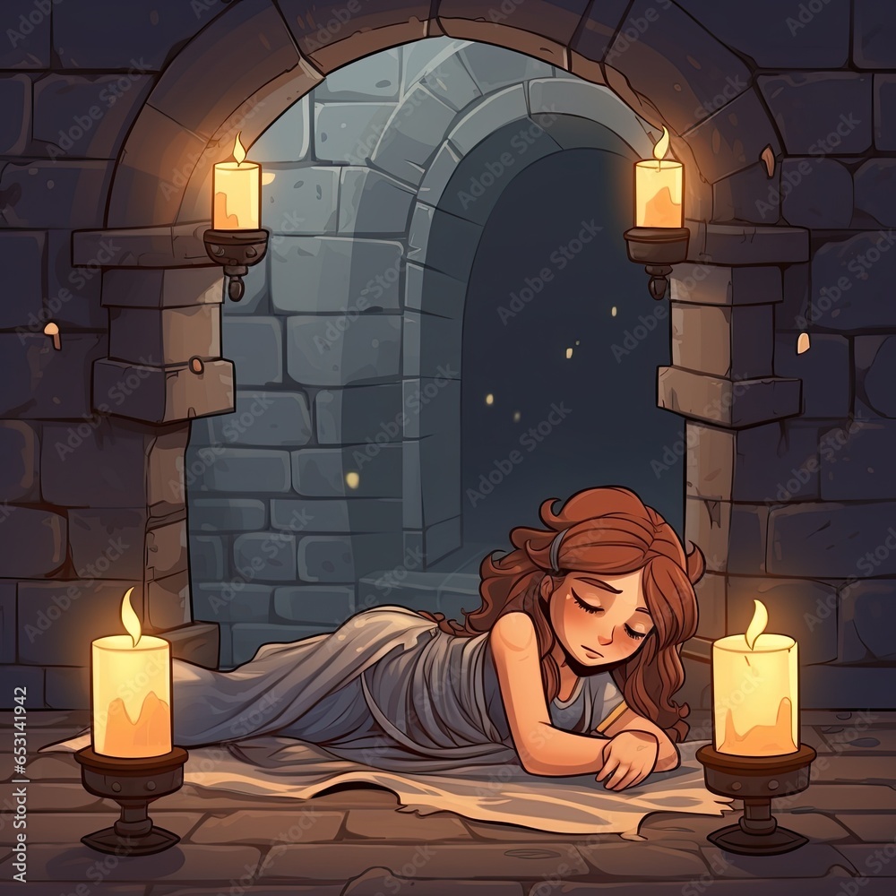 An illustration of a princess in a medieval castle at night. Cartoon ...