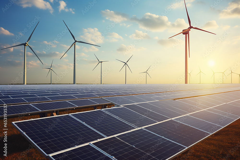 Solar panels and wind turbines generating clean energy, showcasing ...