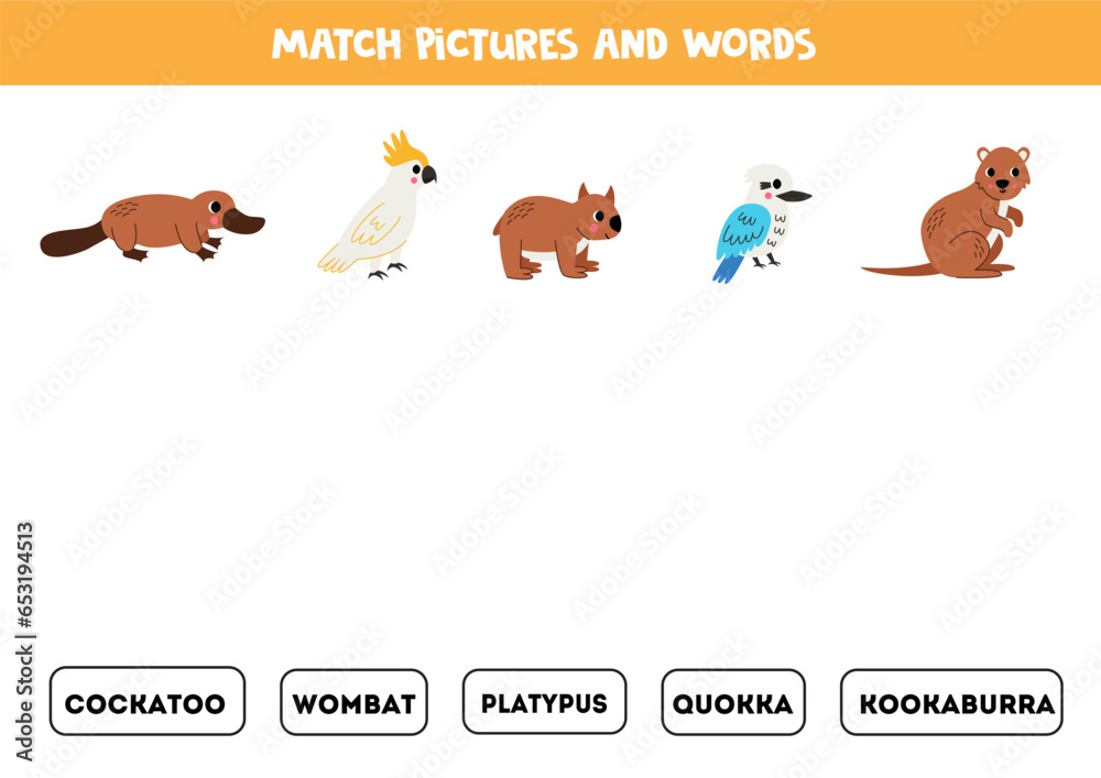 Match Australian animals pictures and words. Educational logical game ...
