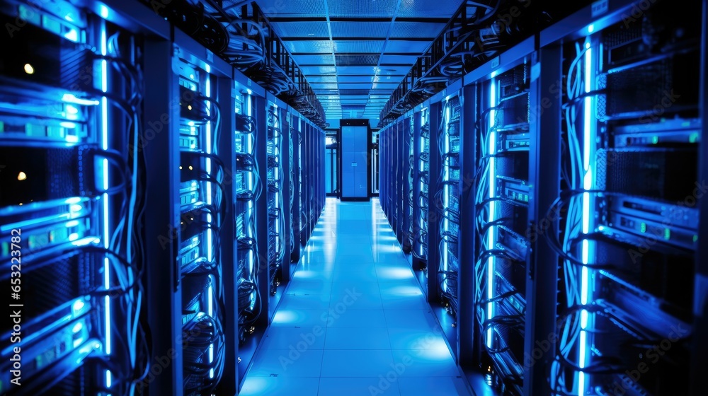 Overhead shot of a clean, organized server room with racks of servers ...