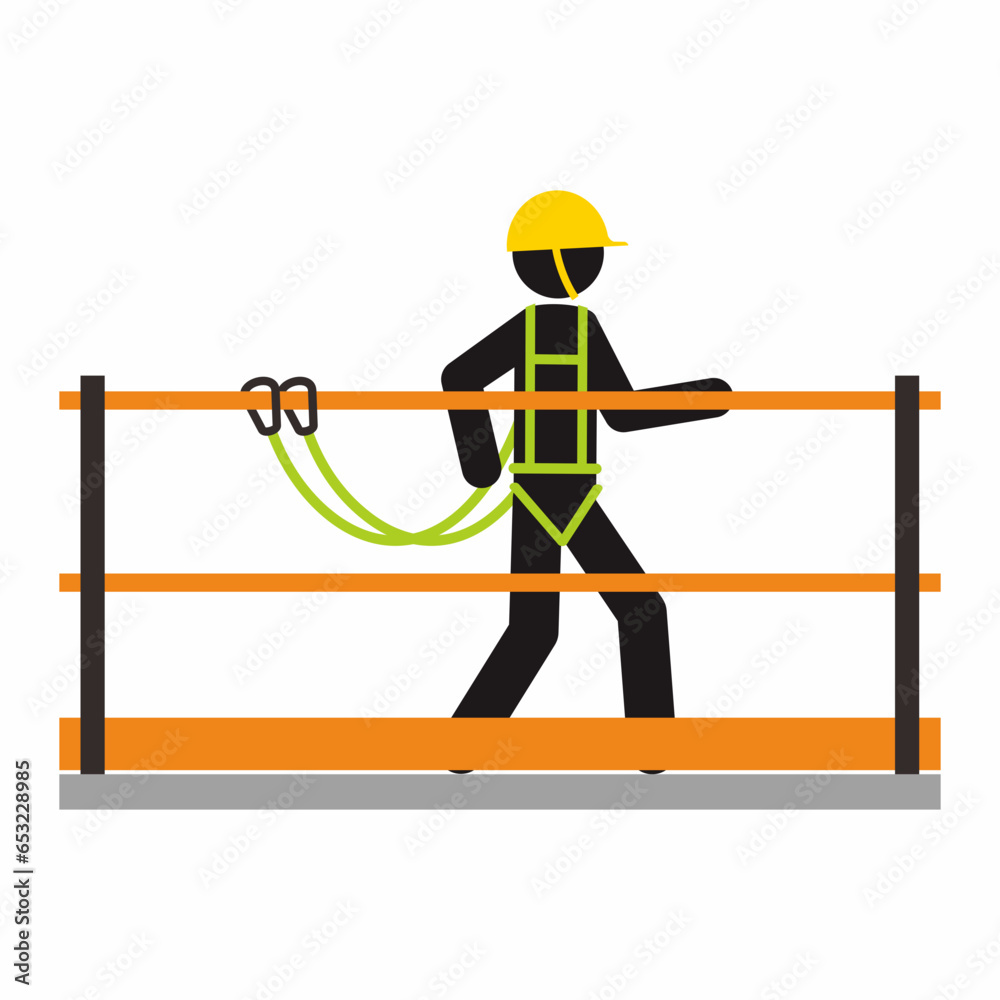 Vector illustration of worker fully tied off the safety harness on the ...
