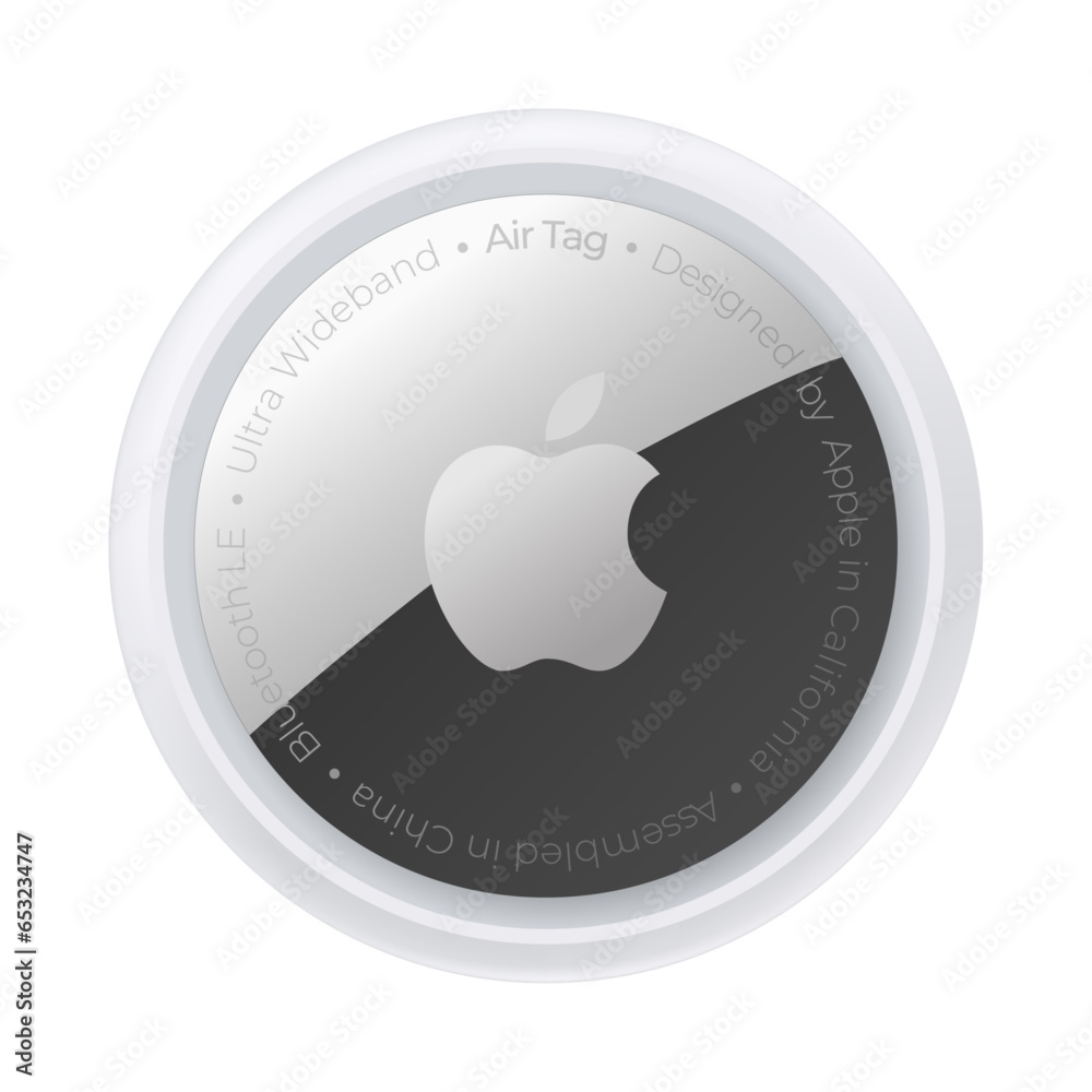 Apple AirTag device on white background, vector illustration. AirTag is ...