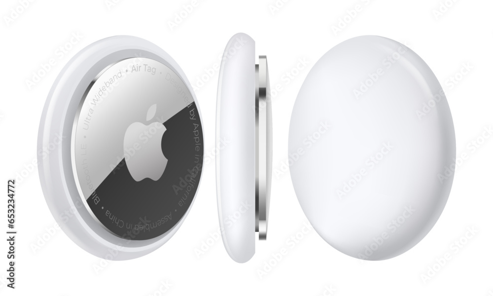 Apple AirTag device on white background, vector illustration. AirTag is ...