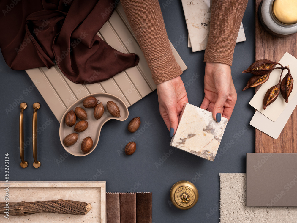 Stylish flat lay composition in navy, brown and beige color palette ...