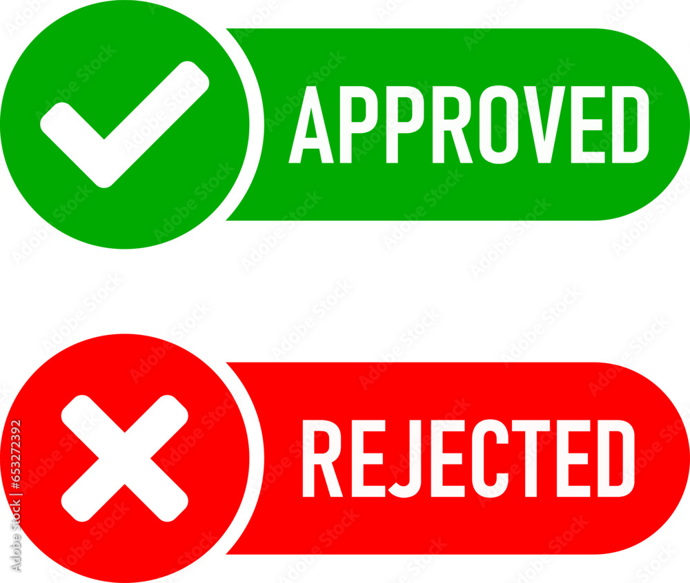 Approved and Rejected Icon Set with Green Check Mark and Red X Signs and Text. Vector Image ...