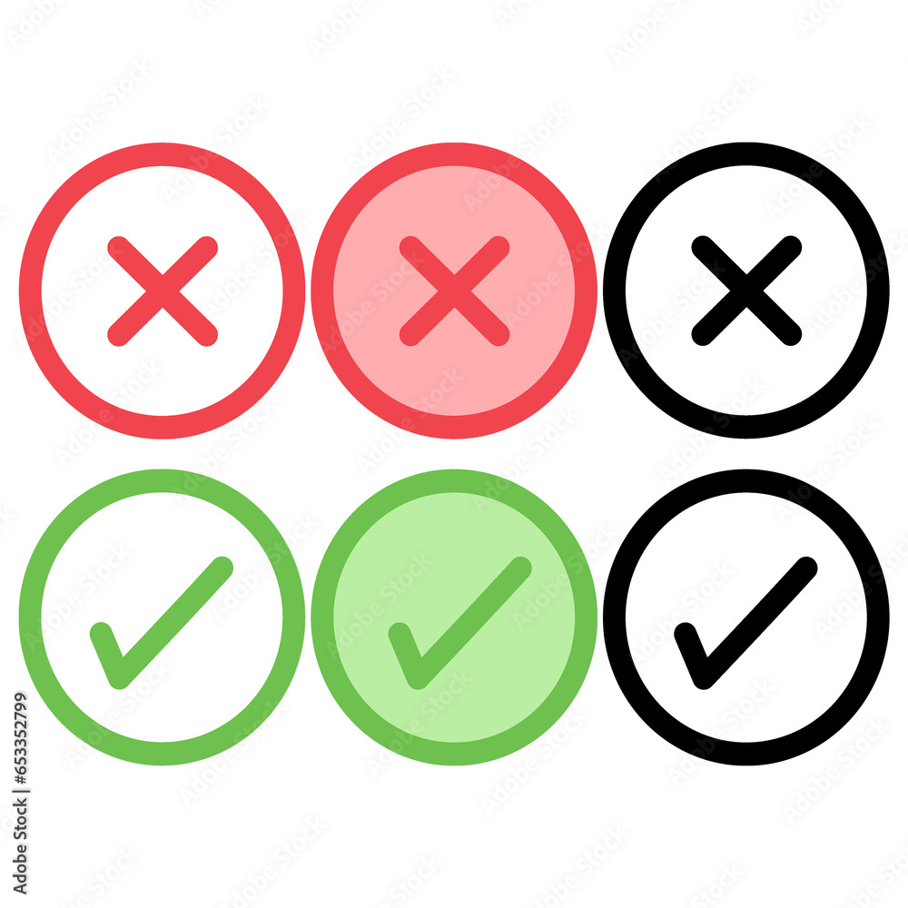 Green check mark, red cross mark icon set. Isolated tick symbols, checklist signs, check button ...