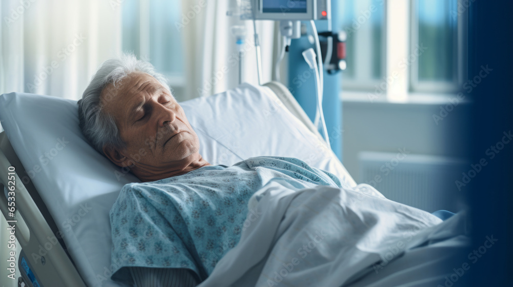 Sick male patient in hospital bed recovering from illness while lying ...