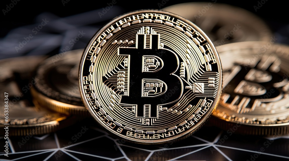 Close-up shot of a vibrant, reflective cryptocurrency coin with ...