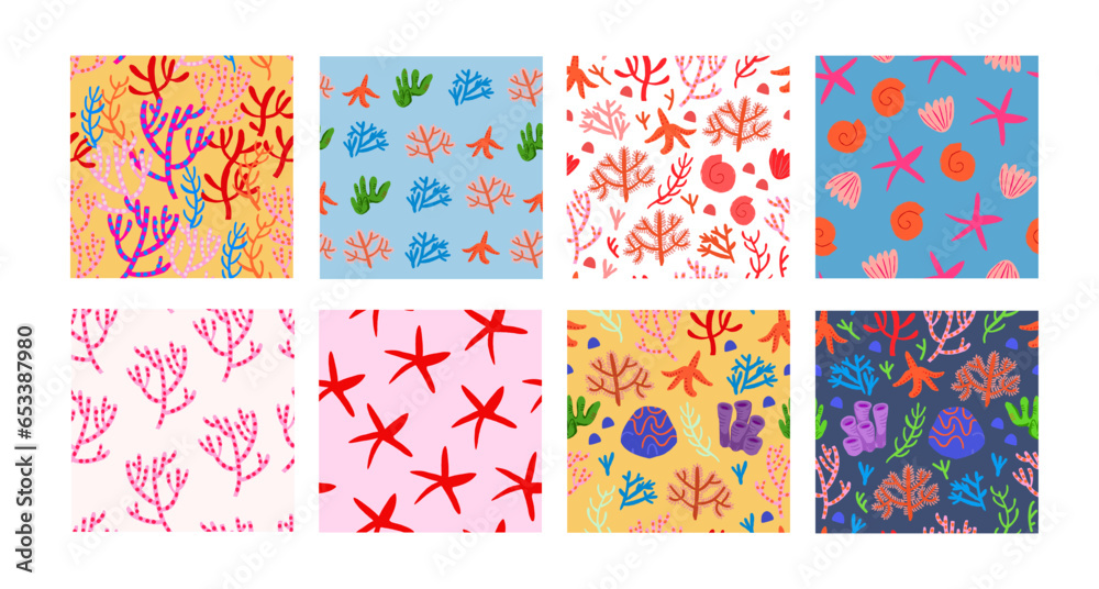 Pattern bundle with underwater world patterns, coral reefs, sea star ...