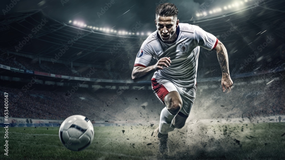 intense moment of a soccer striker's close-up, ready to unleash a ...