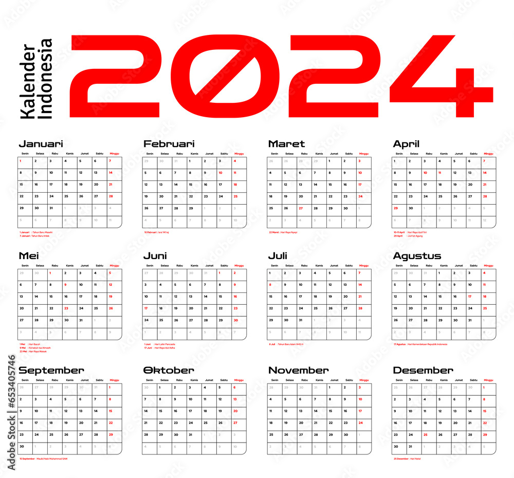 Vector de Stock Indonesian Calendar 2024 template vector, simple minimal design, Planner 2024 ...