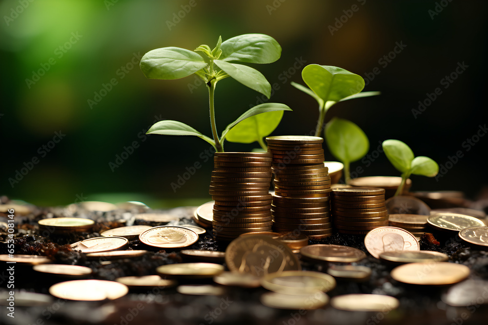 Green Globe with world map and stack of silver coins the seedlings are ...