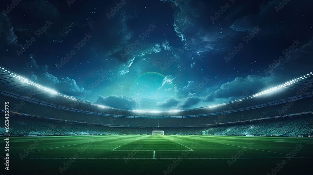 A football stadium lights up the night sky as the green pitch gleams ...