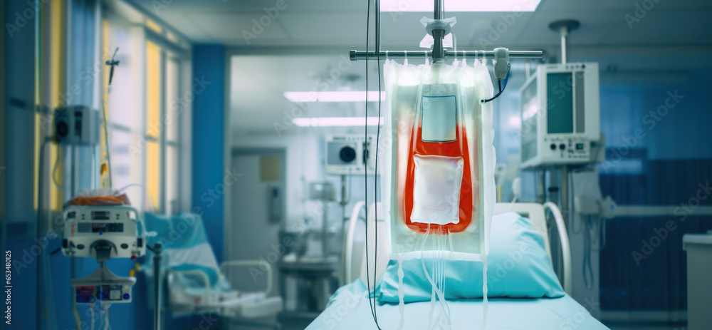 red IV drip bag for blood donation and type at hospital recovery room ...