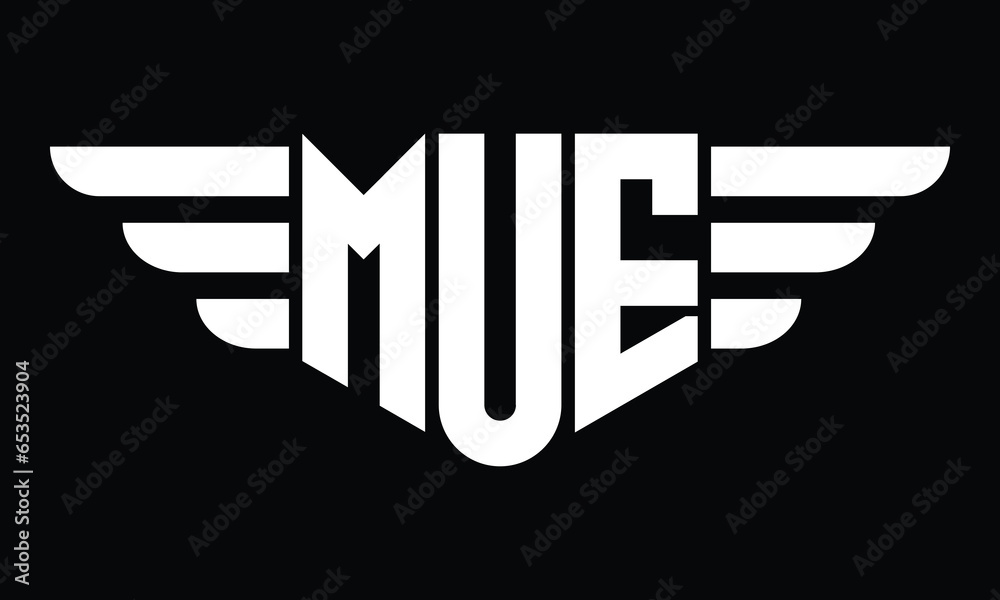 MUE three letter logo, creative wings shape logo design vector template. letter mark, word mark ...