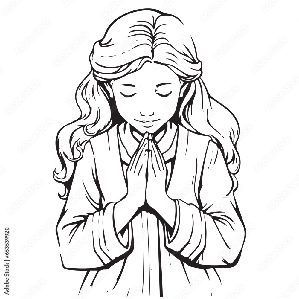 A girl praying line art coloring page vector illustration Stock Vector ...