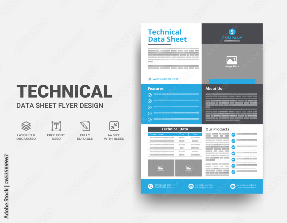 Technical Data Sheet Flyer Template Design Stock Vector | Adobe Stock