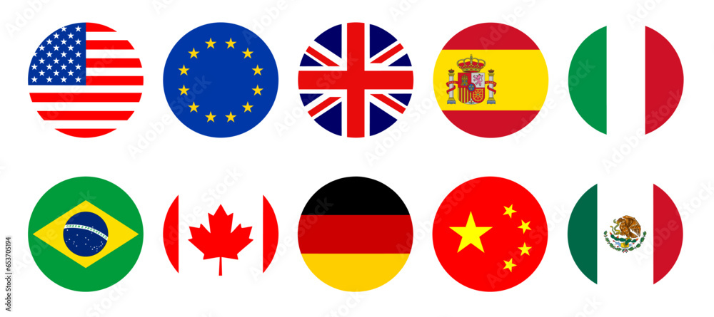 National flags icons vector, main flag languages set. UK, Germany, USA ...