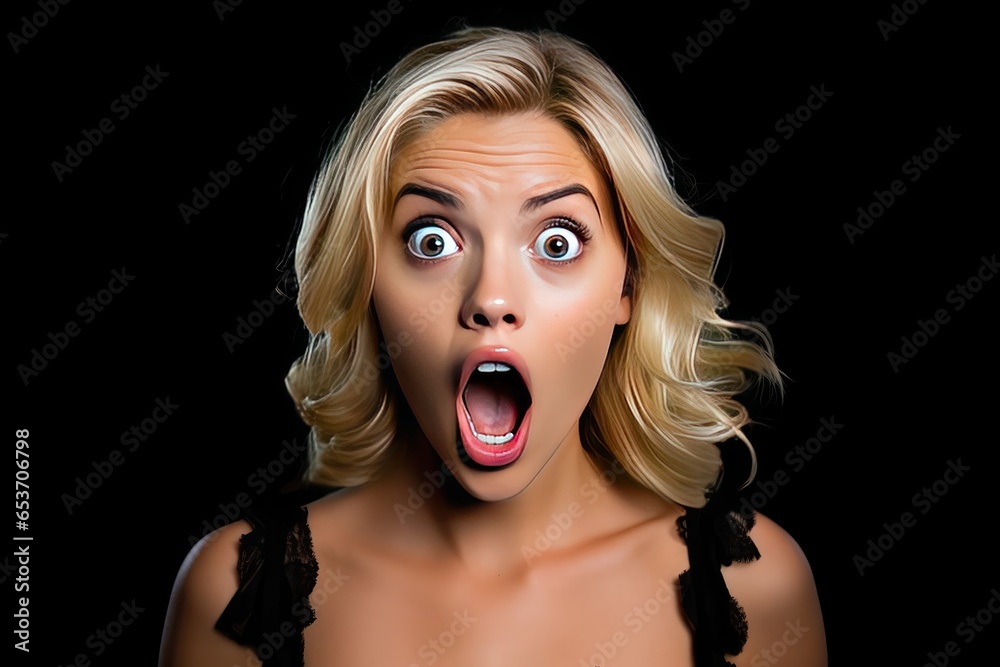 Striking Portrait Captures Beautiful Blonde Woman Expressing Surprise And Shock, Her Mouth Wide ...