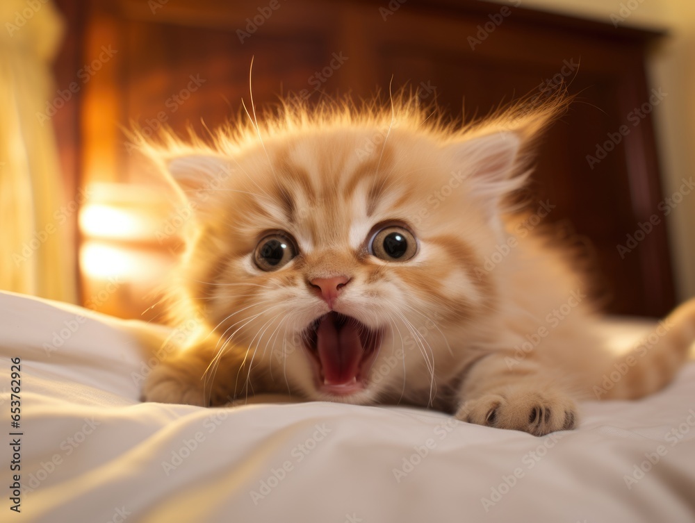 Angry fluffy ginger cat hisses at the owner. Orange kitten is yawning ...
