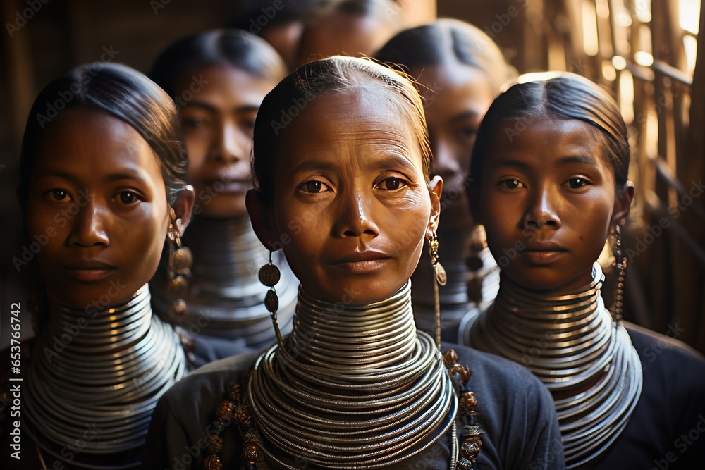 Long-necked Kayan woman wearing traditional brass neck rings in a village in Myanmar,Generated ...