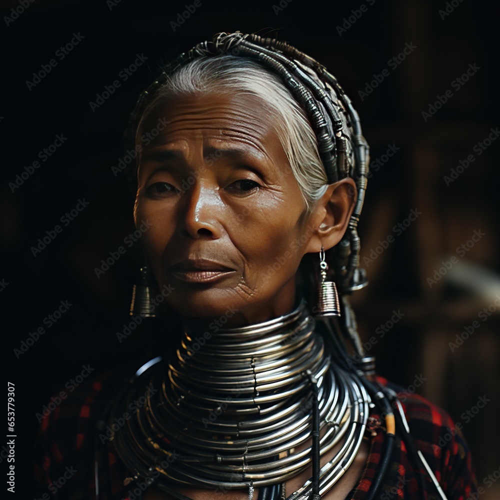 Long-necked Kayan woman wearing traditional brass neck rings in a ...