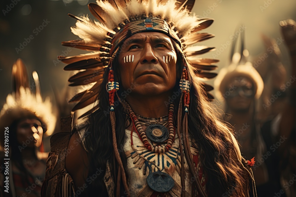 Group of Native American riders on horseback, carrying tomahawks and ...