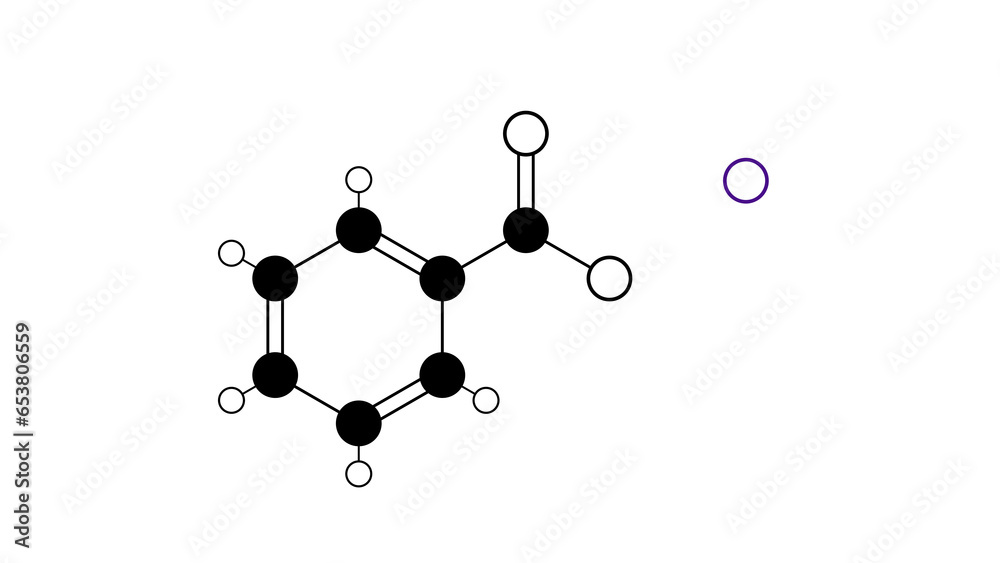 potassium benzoate molecule, structural chemical formula, ball-and ...