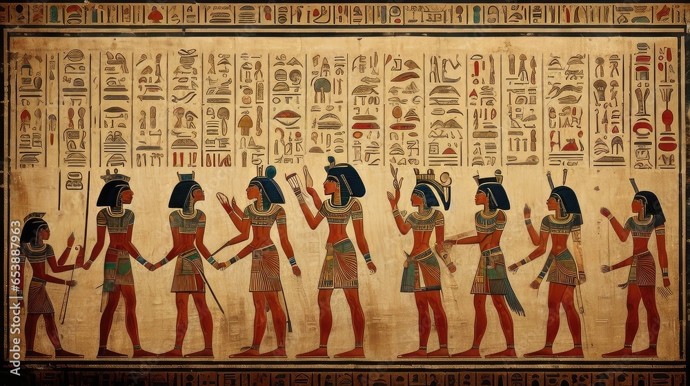 Ancient Egyptian hieroglyphics on the wall of a temple. Pyramids ...