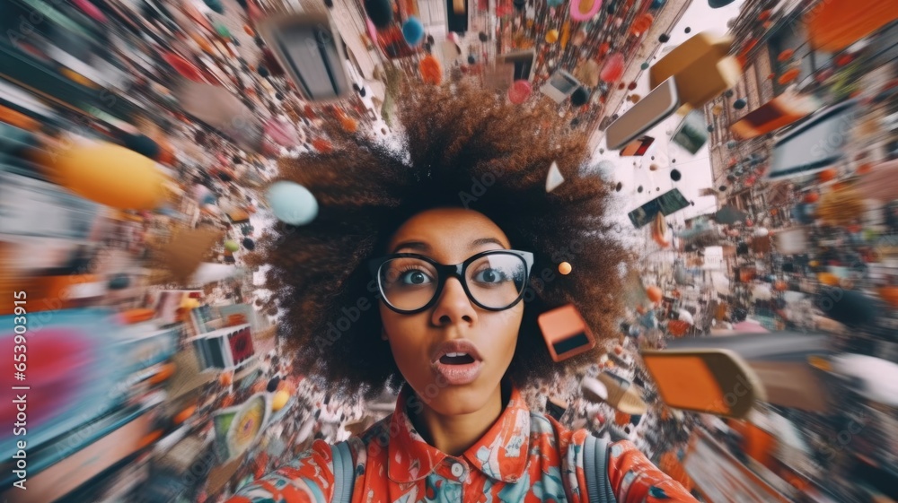 Overwhelming information data explode out of head of young human brain ...