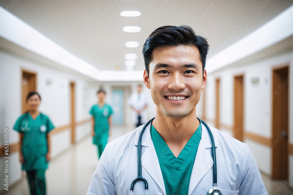 portrait shot of young age asian male doctor in doctors outfit looking ...