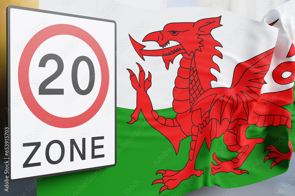 Road sign of 20mph zone and Welsh national flag in front of a street ...