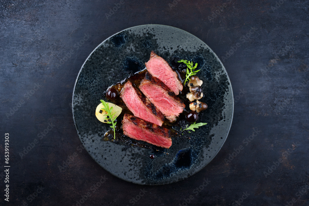 Gourmet barbecue dry aged angus roast beef steak mini pear and ...