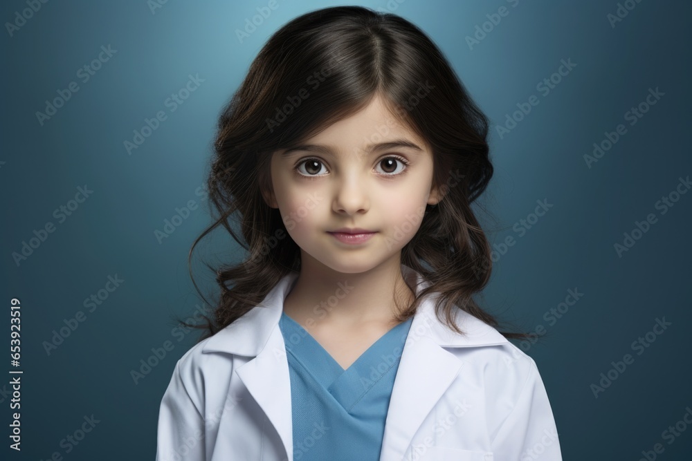 A young girl wearing a lab coat poses for a picture. This image can be ...