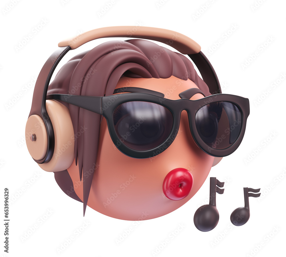 Emoji smiling face wearing sunglasses and headphones of glamour woman ...