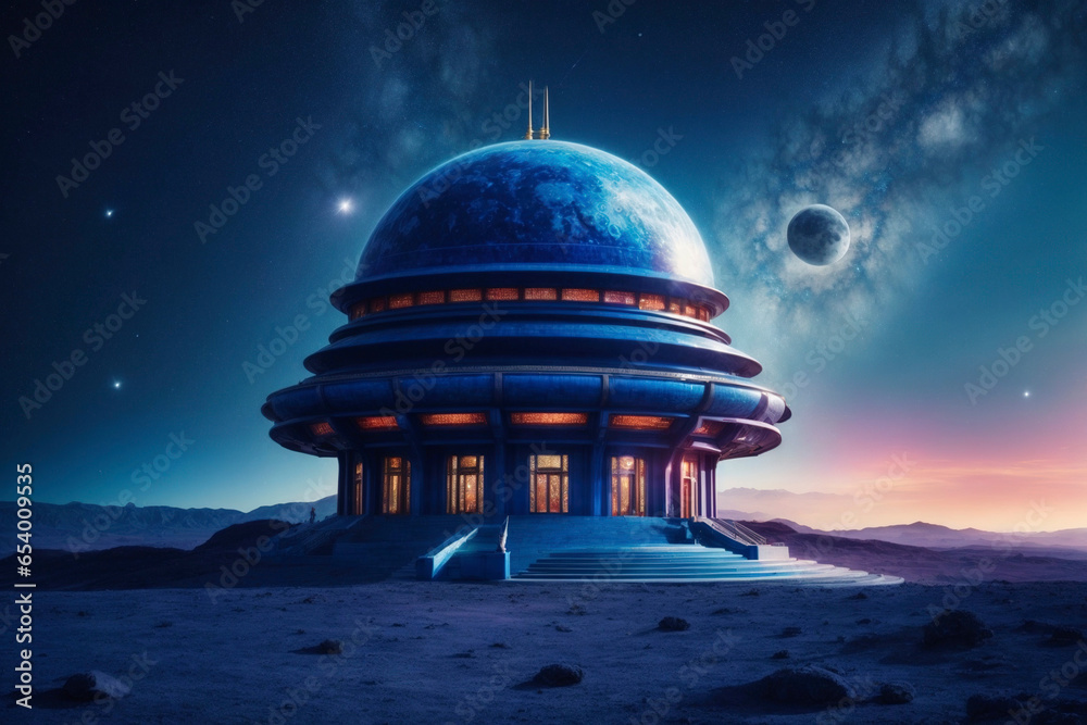 Dome-shaped building in different shades of blue on an alien planet ...