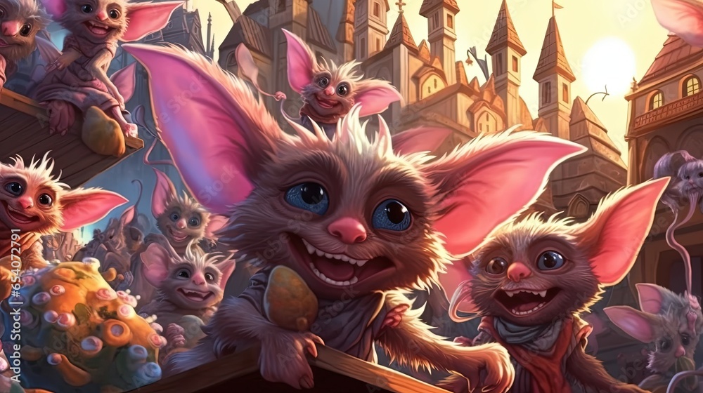 Playful little gremlins causing mayhem in a magical town. Fantasy ...
