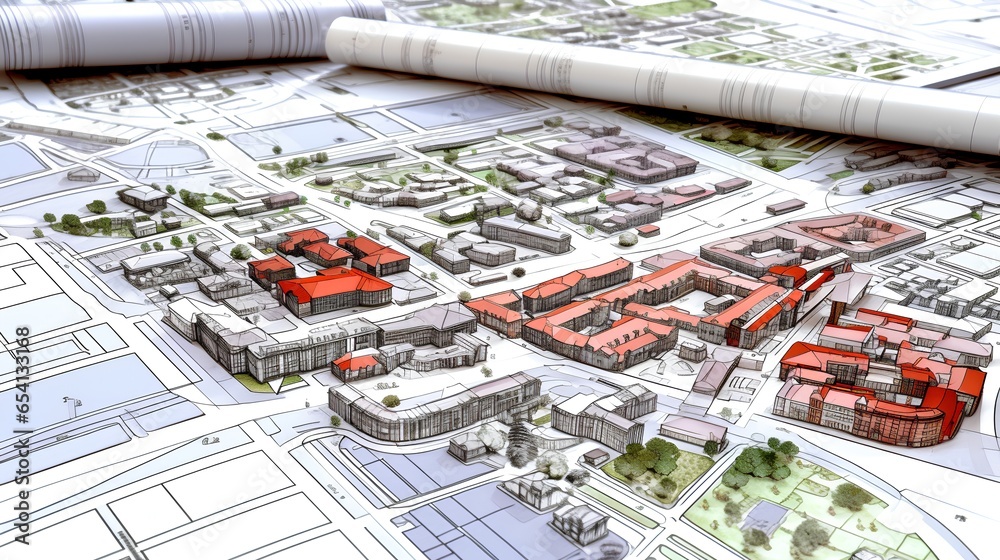 A detailed, technical blueprint showcasing urban planning and city ...