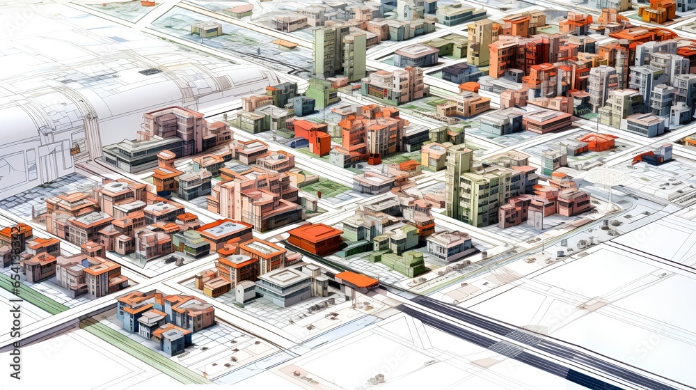 A detailed, technical blueprint showcasing urban planning and city ...