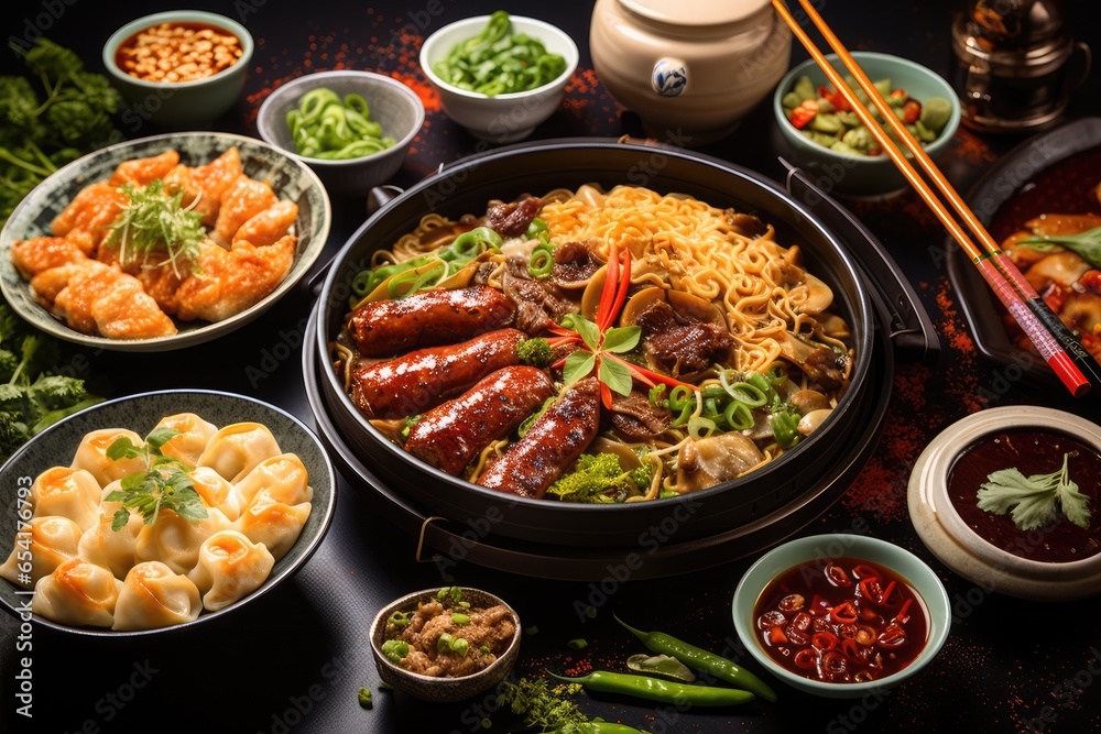 Assortment of Chinese cuisine. Chinese noodles, fried rice, dumplings ...